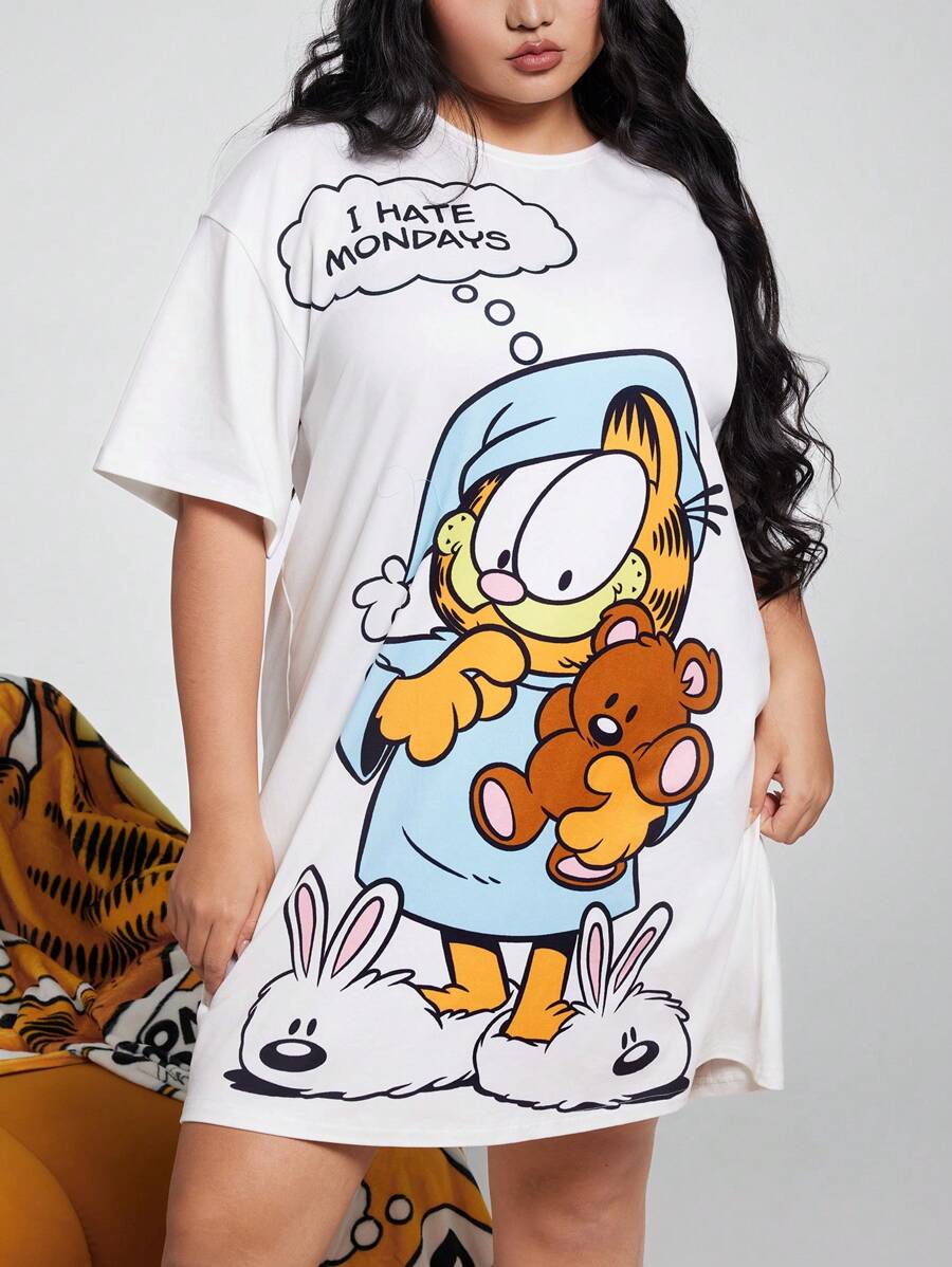 GARFIELD | SHEIN Plus Size Crew Neck Cartoon & Letter Print Short ...