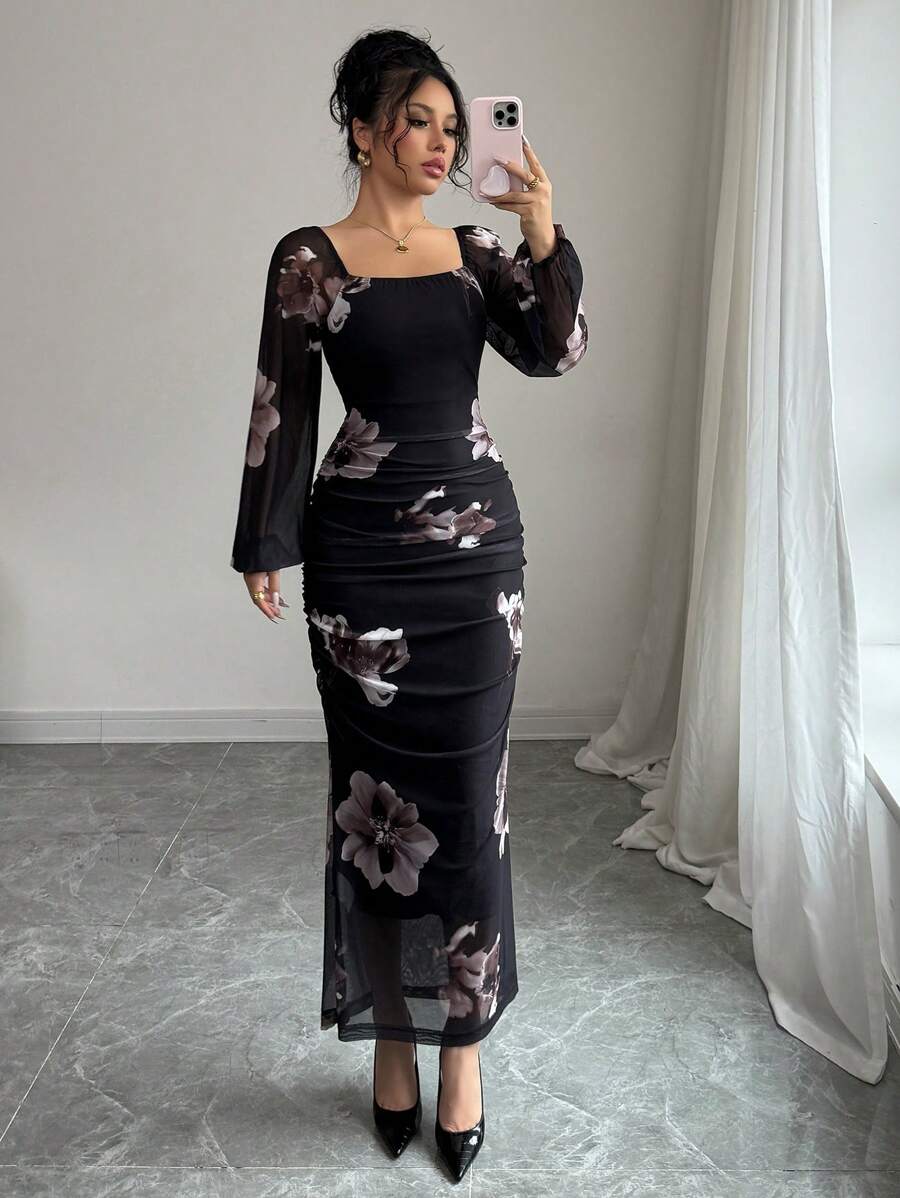 Modelyn Women's Floral Print Elegant Square Neck Tie Waist Midi Dress ...