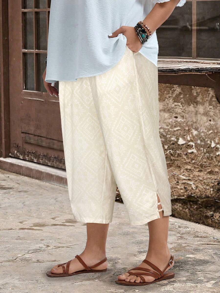 EMERY ROSE Plus Size Women's Vent Pockets Geometry Graphic Graphic Vintage Printed Casual Loose ...