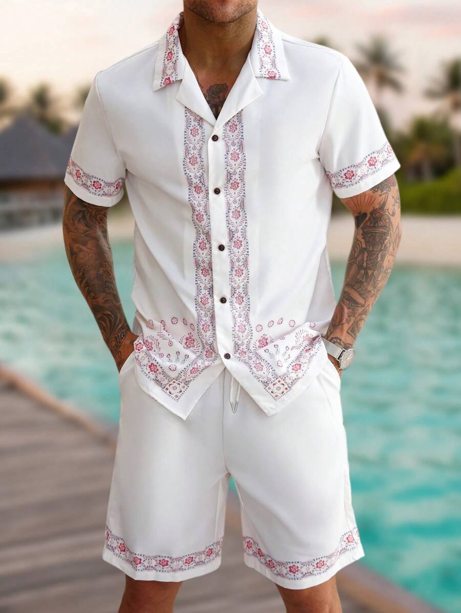 Manfinity RSRT Men's Floral Print Short Sleeve Shirt And Shorts Casual ...