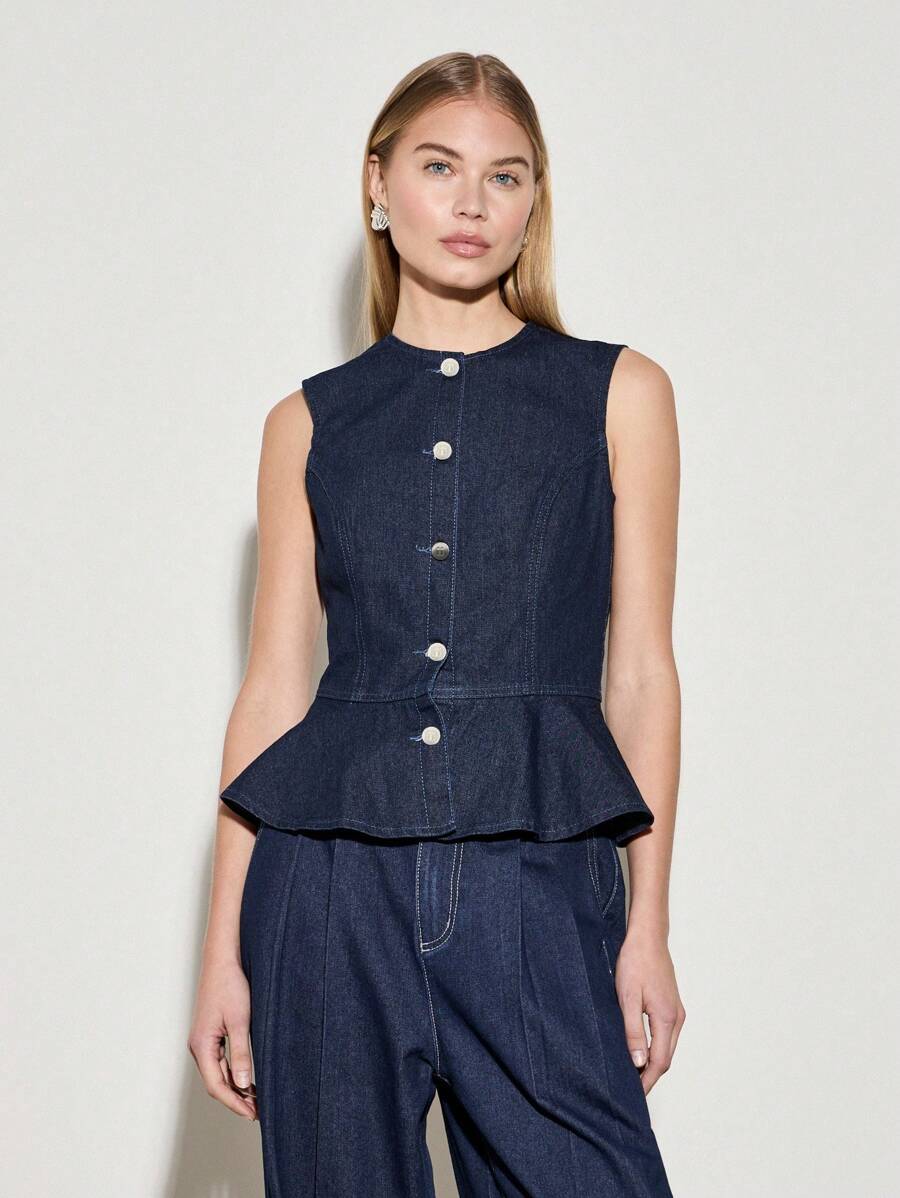 AiiRZ Designer Sleeveless Peplum Denim Vest Top Button Front Raw Indigo ...