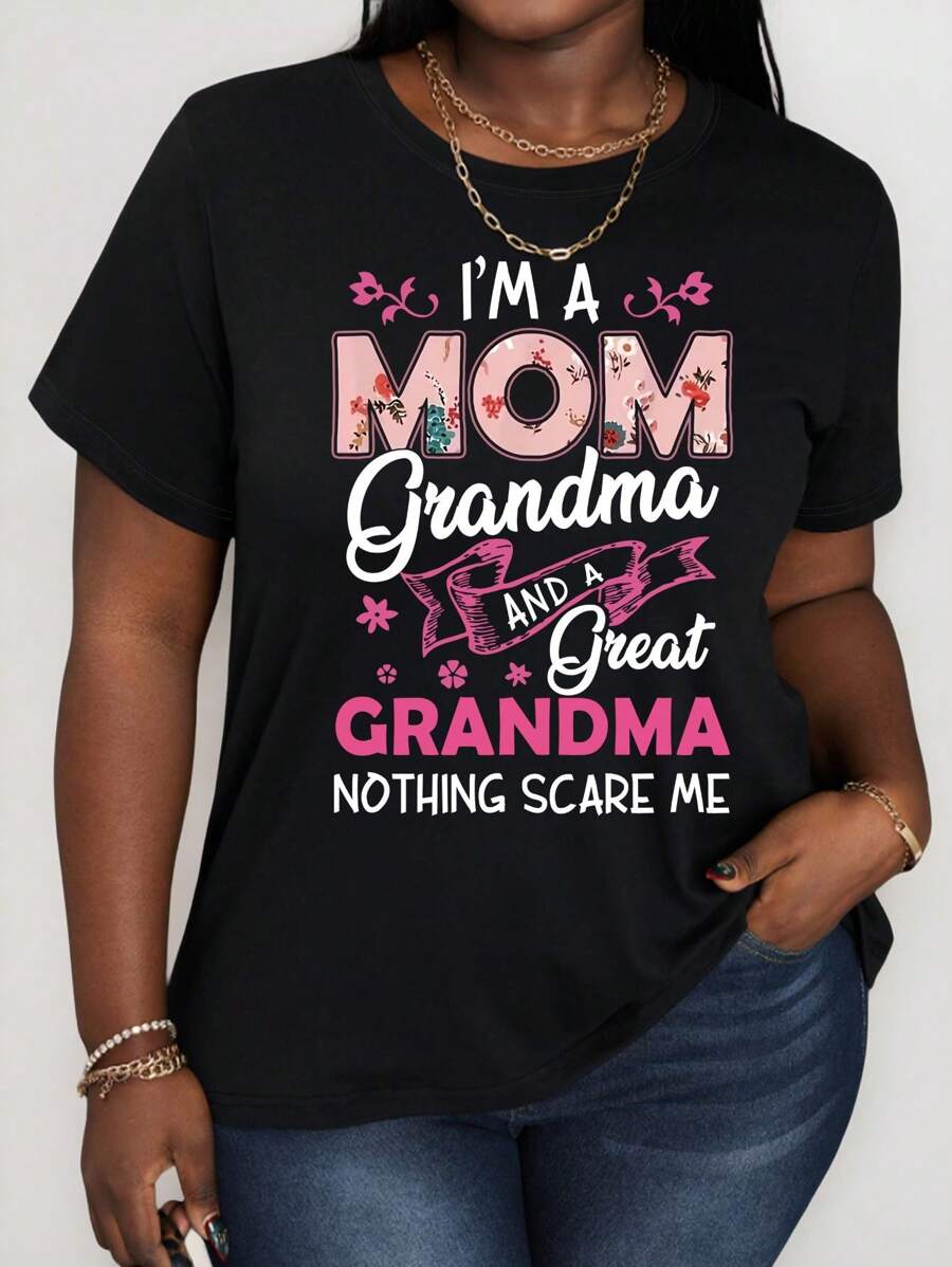 Plus Size Slogan Printed Round Neck T-Shirt Graphic Tees Women Tops ...