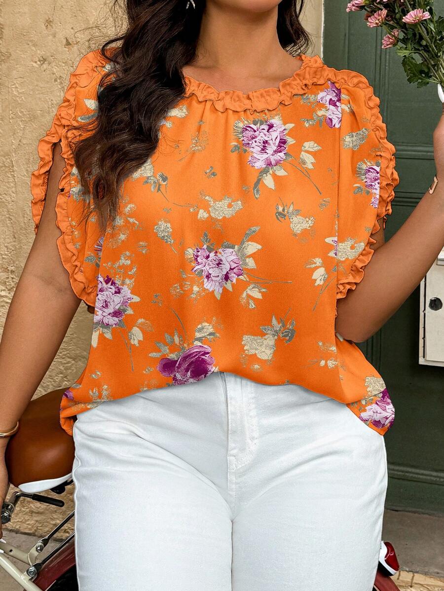 INAWLY Solva Random Print Plus Size Women Frill Trim Open Sleeve Blouse ...