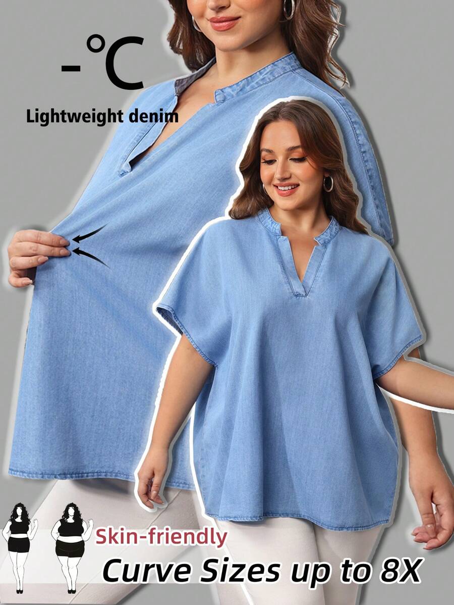 SHEIN CURVE+ Women's Blue Oversized Denim Top V-Neck Loose Tops ...