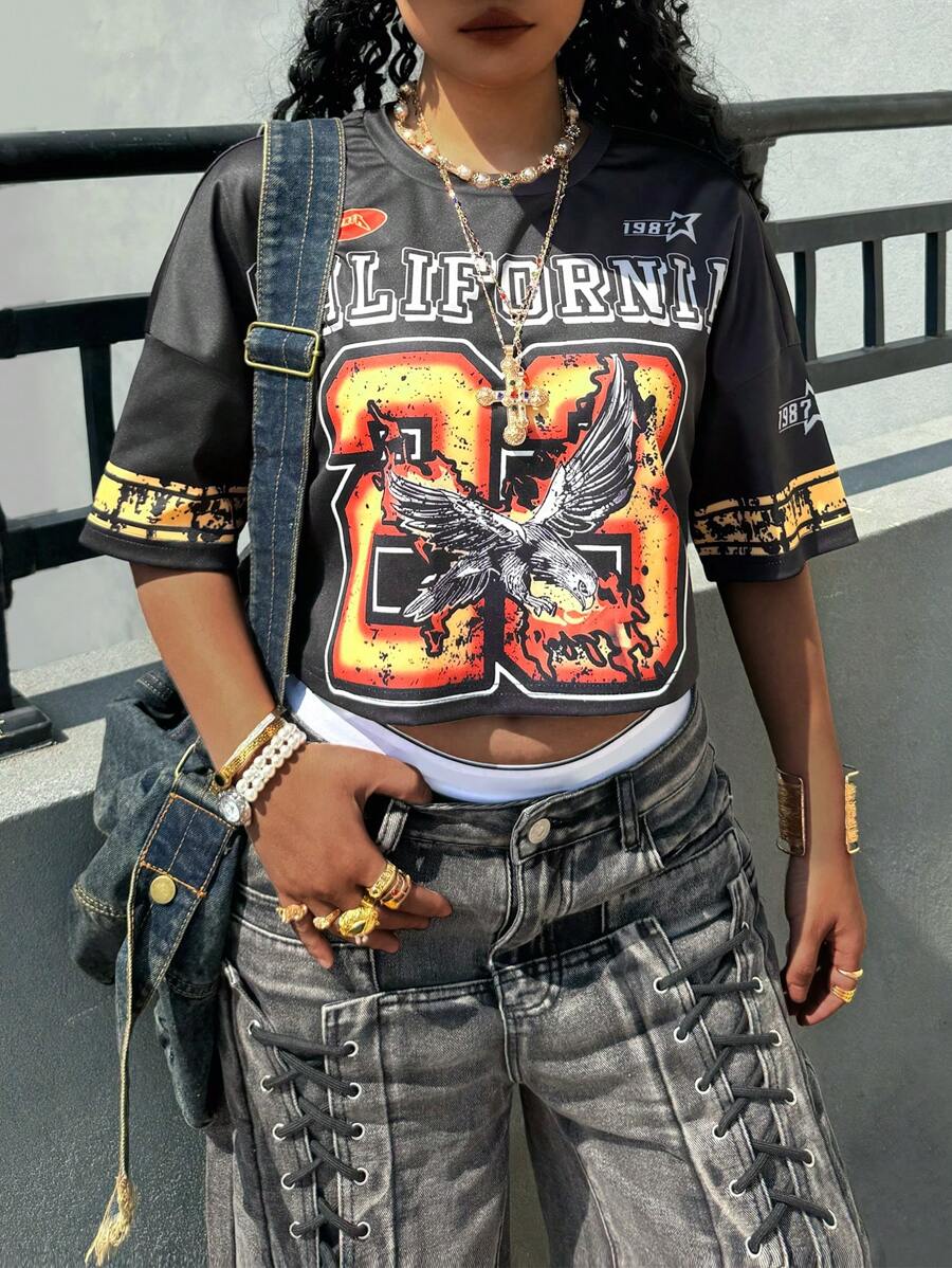 Rovax Women's Casual Numeric Print Crop Top T-Shirt, Summer | SHEIN USA