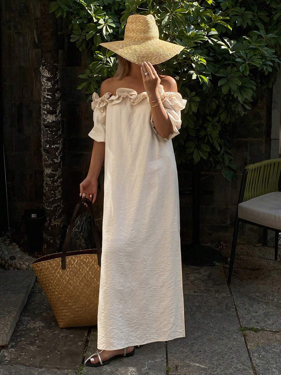 DAZY Vacation Beach Solid Color Off-Shoulder Ruffle Patchwork Straight ...