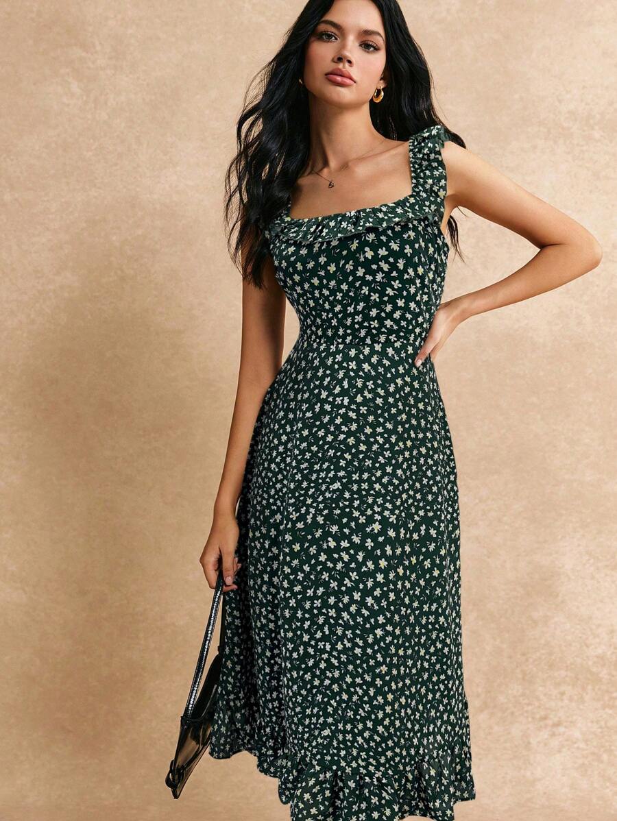 Poéselle Women's Boho Ditsy Floral Long Dress With Ruffled Straps And ...
