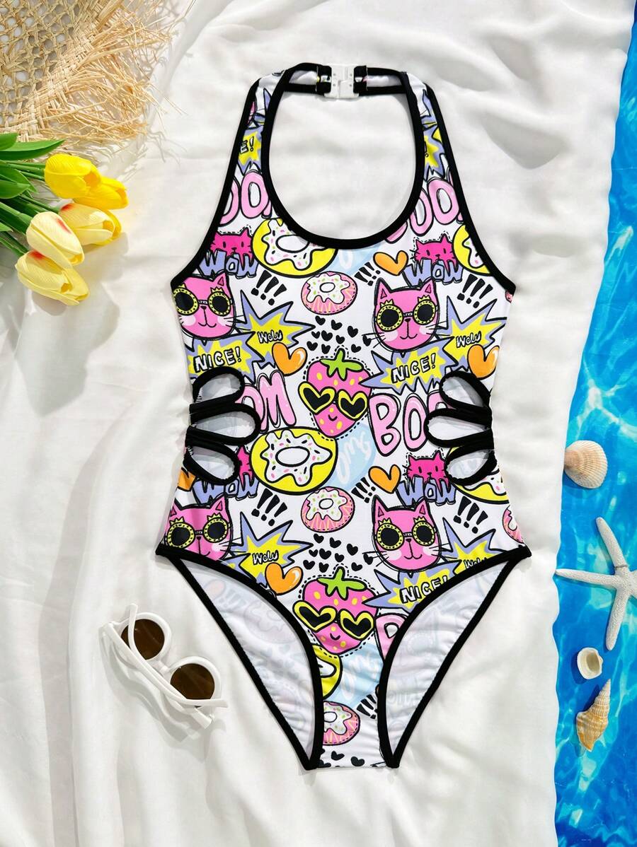 Tween Girl 1-Piece Swimsuit, Fashion Graffiti Strawberry Print One ...