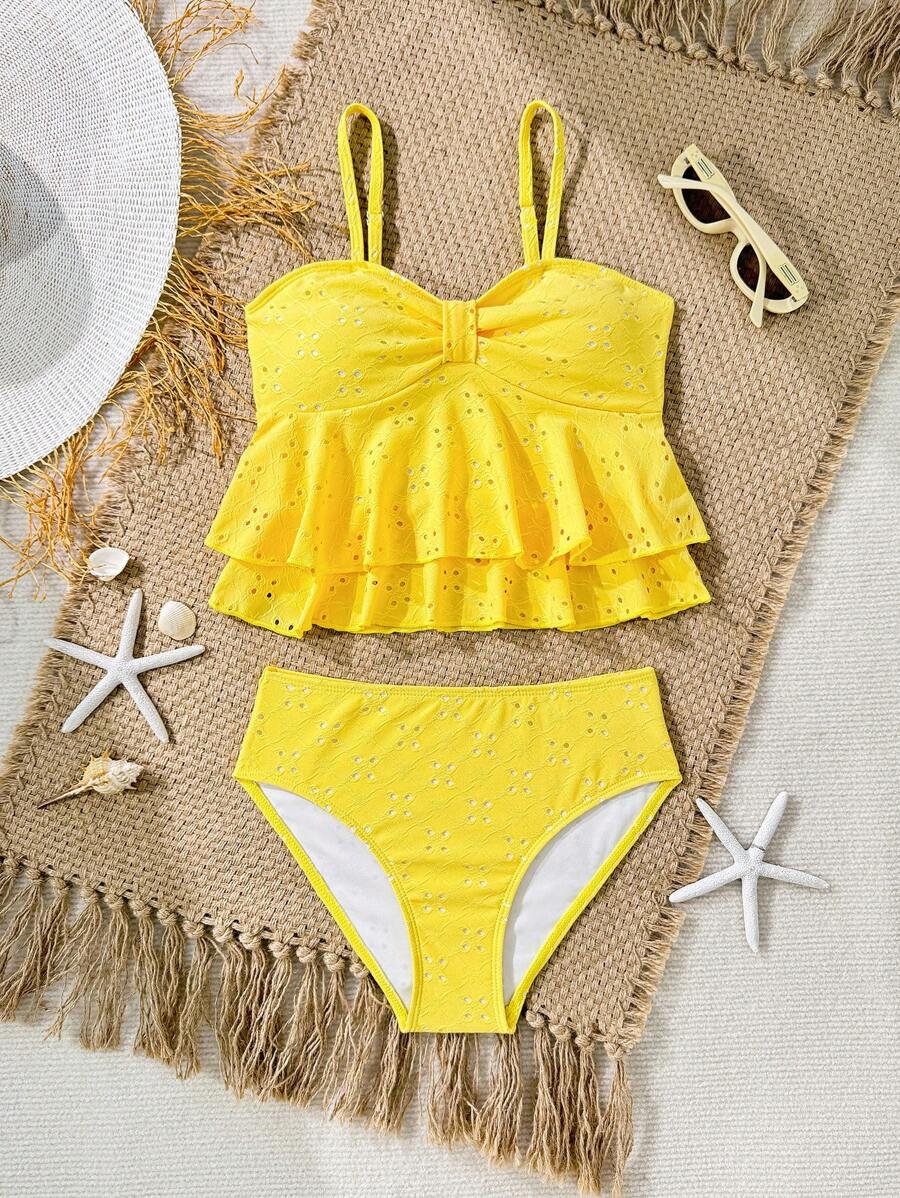 SHEIN Tween Girl Solid Color Hollow Out Ruffle Hem Tankini 2 Pieces ...