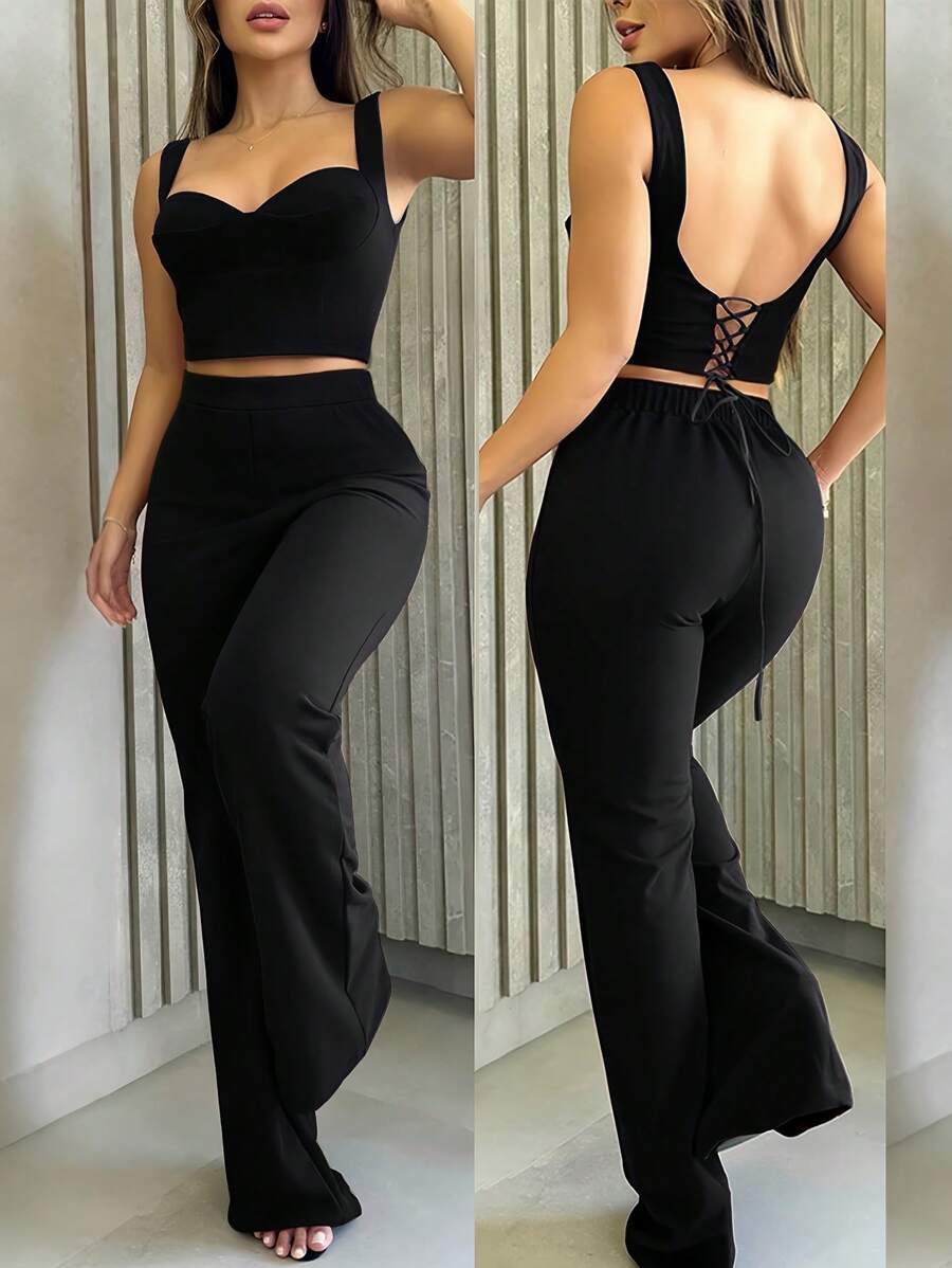 INAWLY 2pcs Sexy Backless Camisole Top & Elegant Straight Leg Pants Set ...