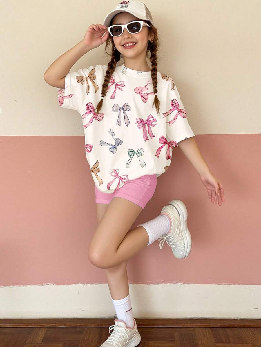 SHEIN 2pcs/Set Tween Girls' Casual Bow Design Loose Short Sleeve T ...