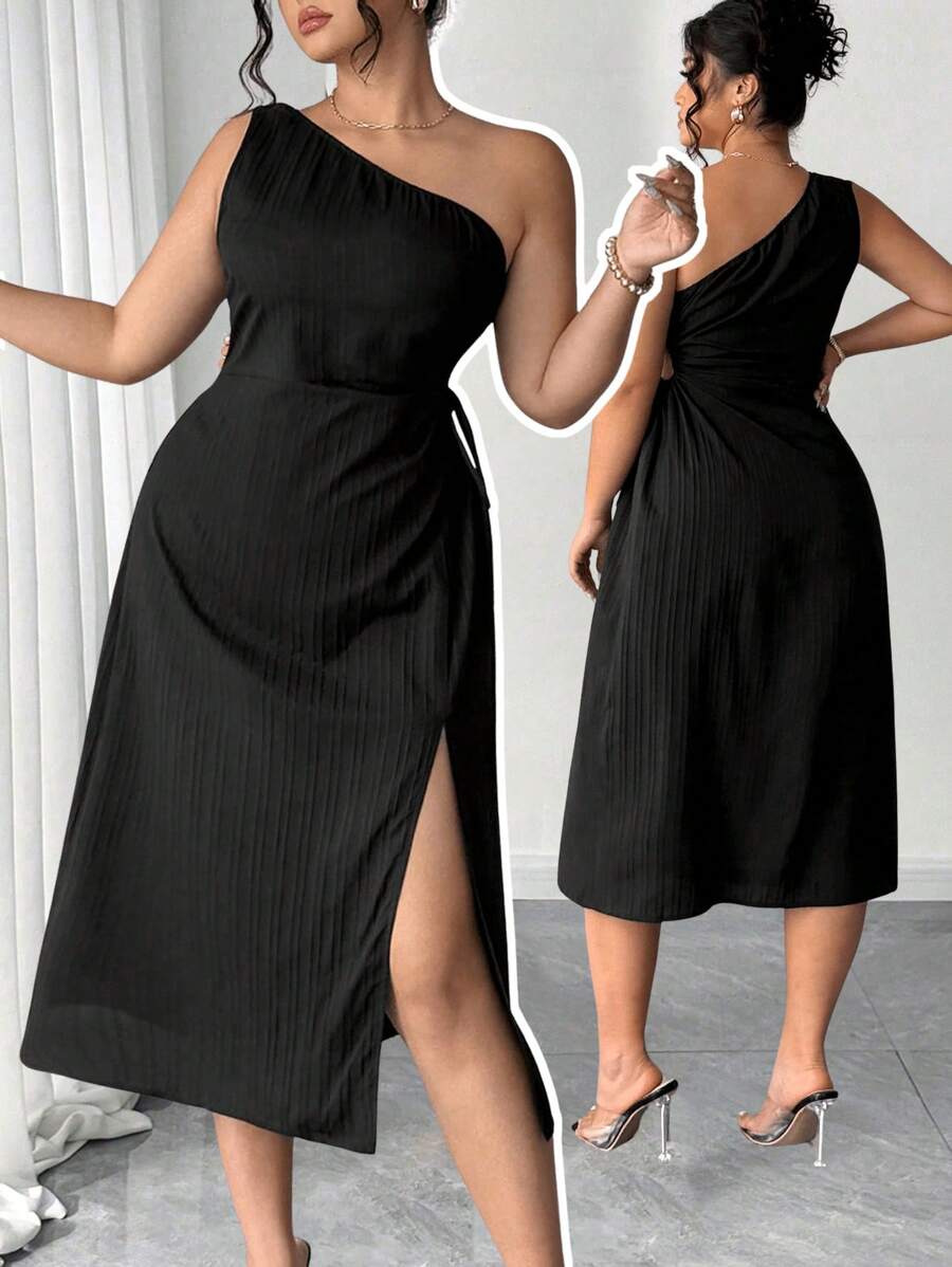 SHEIN LUNE Elegant Women's Long Dress With Textured Fabric, Asymmetric ...