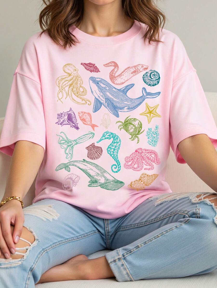 INAWLY Oversized Marine Animal Print T-Shirt, Gift Of Nature, Marine ...