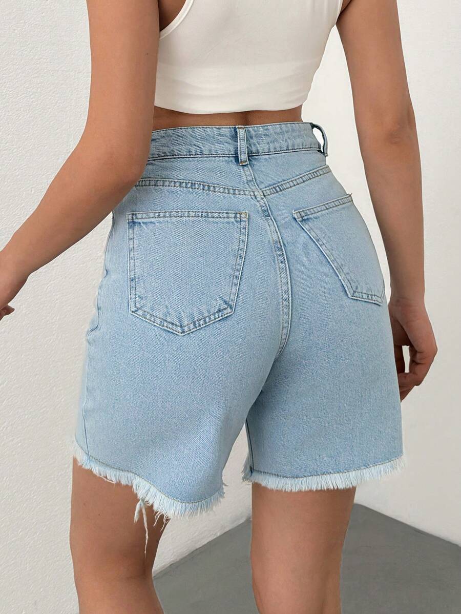 RueChic WOMEN LIGHT SNOW WASH HIGH WAIST DENIM SHORT RAW EDGE | SHEIN USA