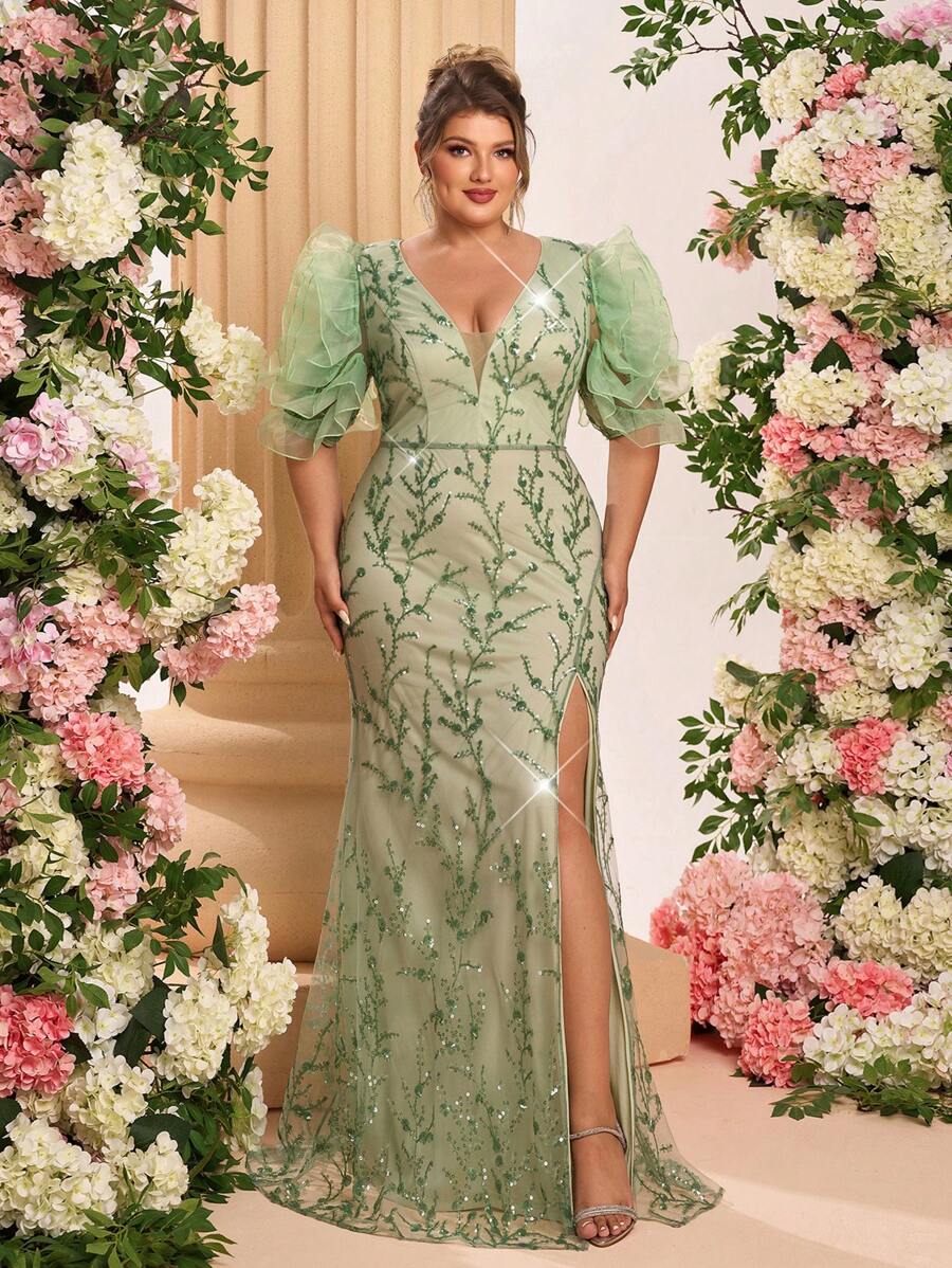Glamrae Vestido de noche elegante y lujoso talla grande con escote en V ...