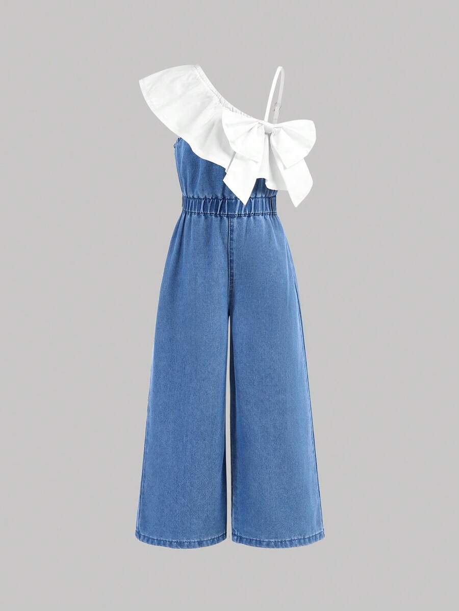 SHEIN Jonge meisjes 2025 Nieuwe witte spaghettibandjes strik denim ...