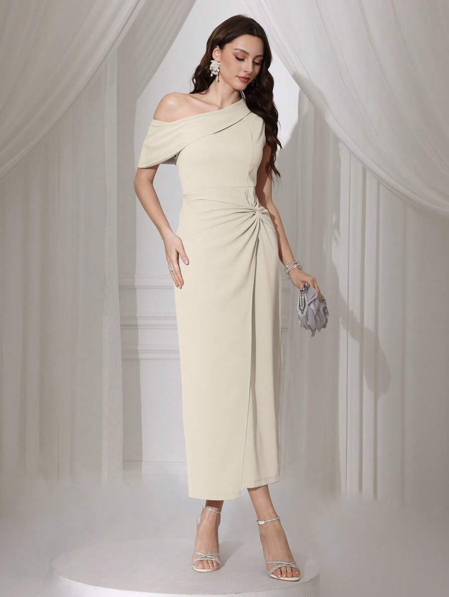 Modelyn Elegant Twist Shoulder Cinched Waist Long Dress For Women, Spring/Summer | SHEIN USA