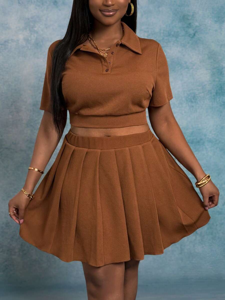 Slaydiva Plus Size Brown Slim Fit Short Sleeve Polo Top And Pleated Skirt 2 Pieces Set, Casual ...
