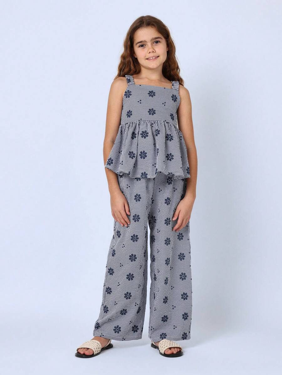 SUMWON Floral Gingham Two-Piece Girls Set With Wide Leg Palazzo Pants ...