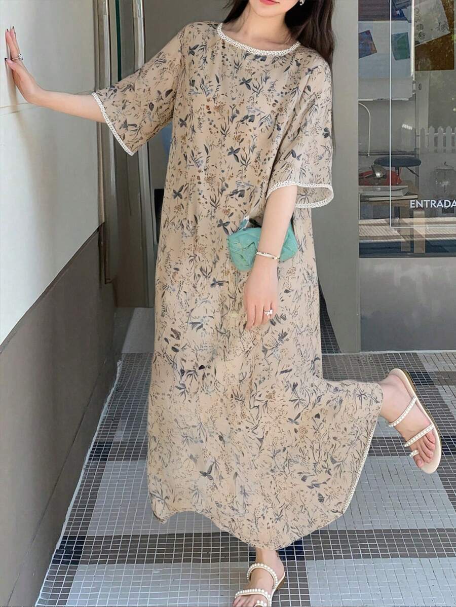 FRIFUL Women Floral Print Round Neck Short Sleeve Loose Dress, Back To ...