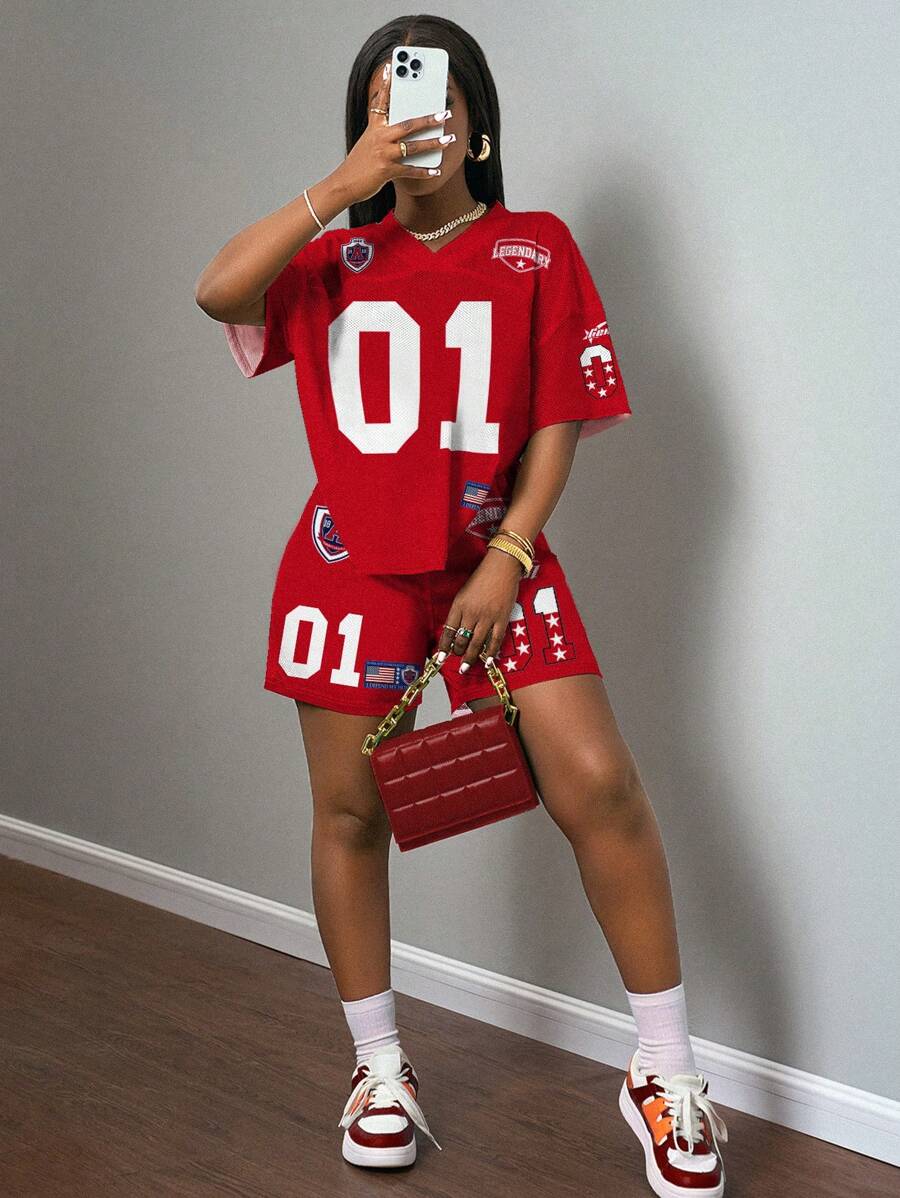 Slaydiva 2-Piece Set: Women Casual Loose V-Neck T-Shirt And Shorts, Red ...