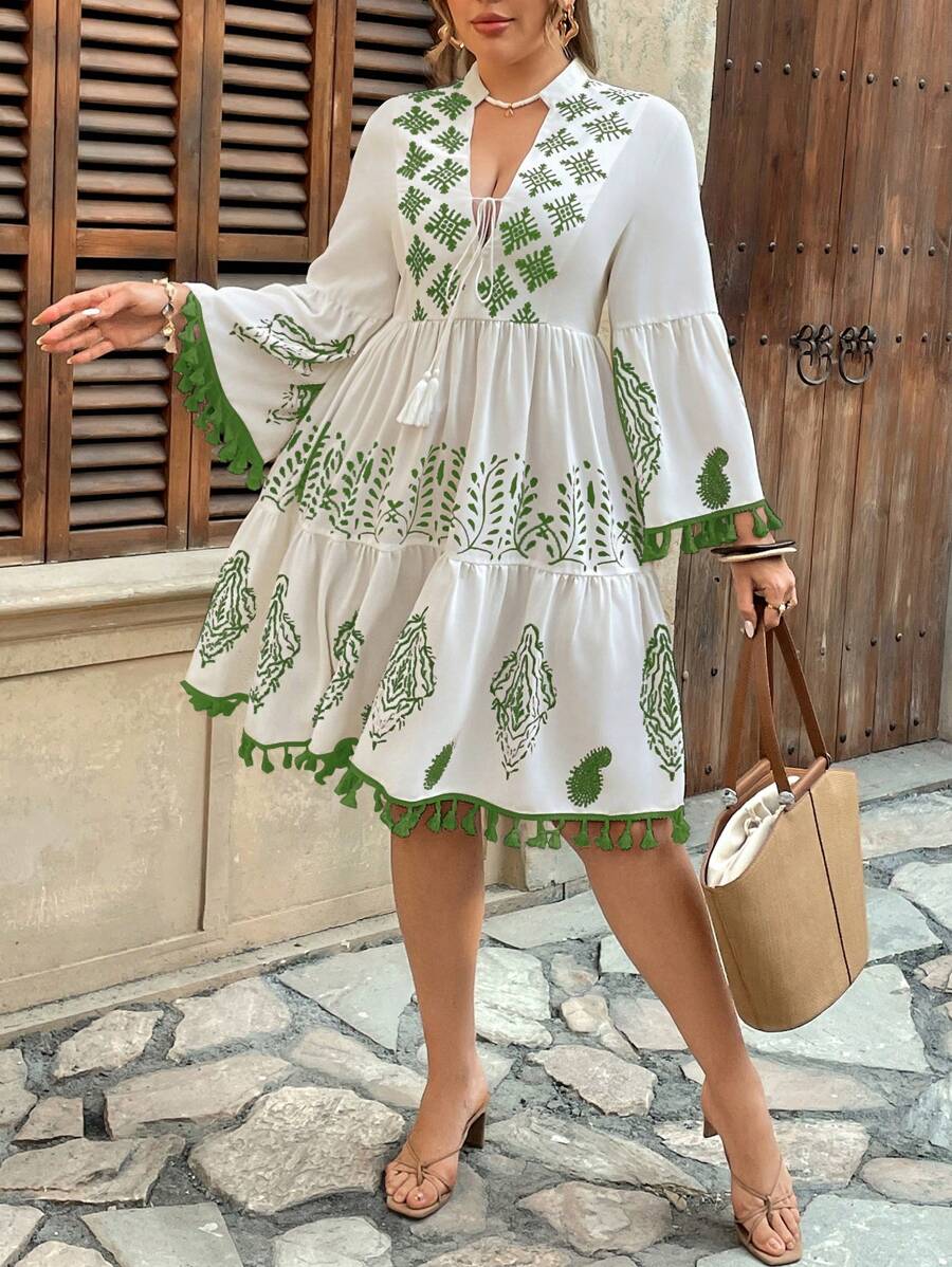 SHEIN Holidaya Plus Size Deep V-Neck Bohemian Style Drawstring Tassel ...