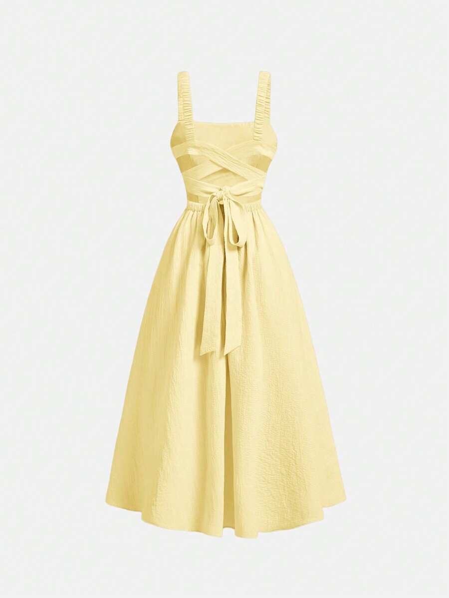 SHEIN MOD Back Strap Design Bowknot Swing Chiffon Dress,Butter Yellow ...