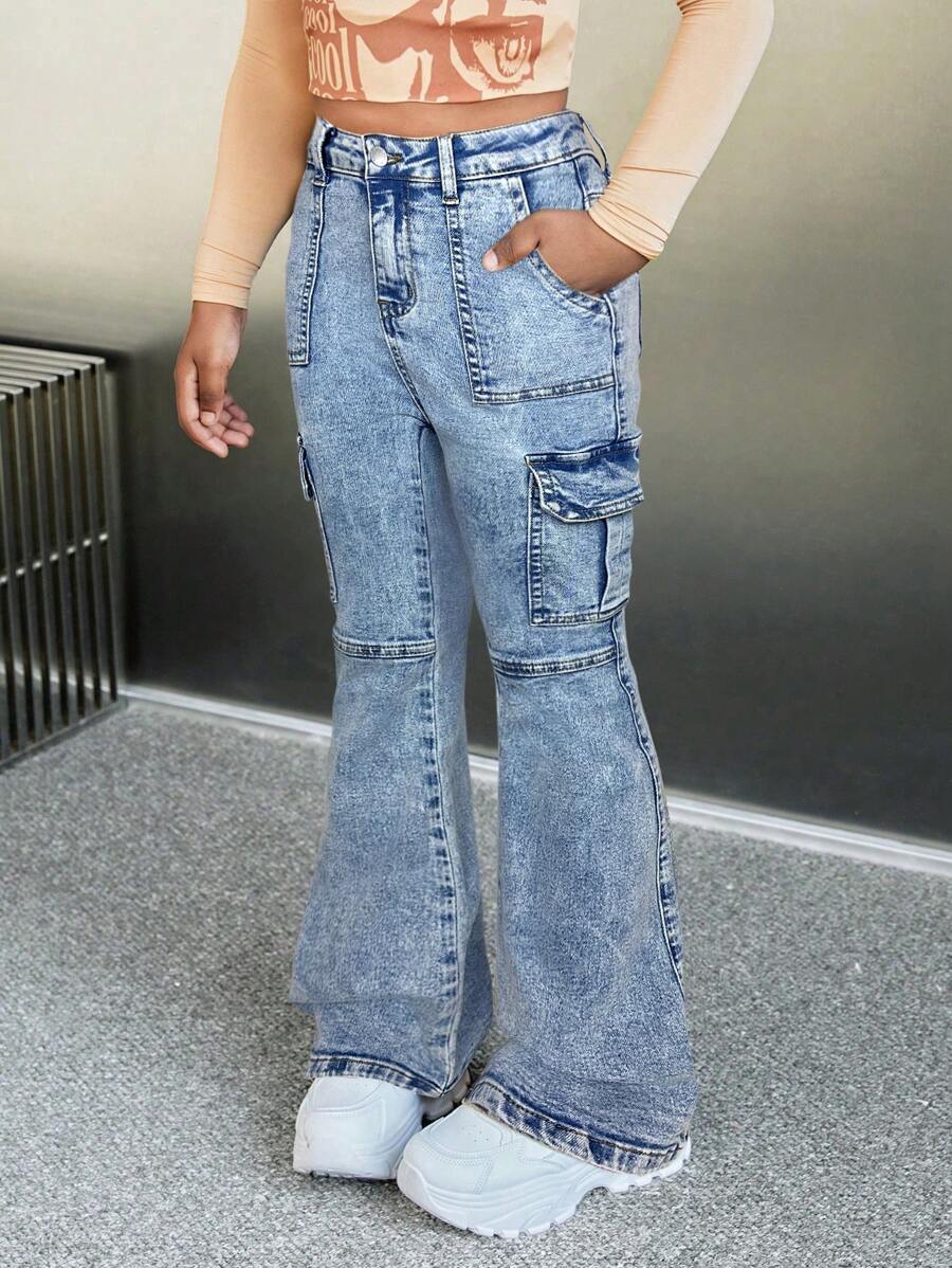 SHEIN Jeans cargo acampanados de mezclilla desgastada estilo punk Y2K ...