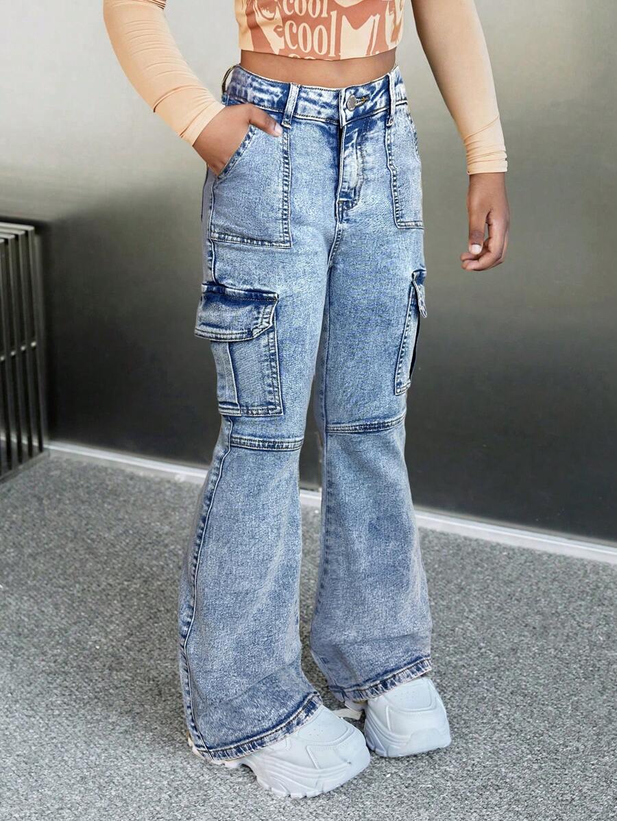 SHEIN Jeans cargo acampanados de mezclilla desgastada estilo punk Y2K ...