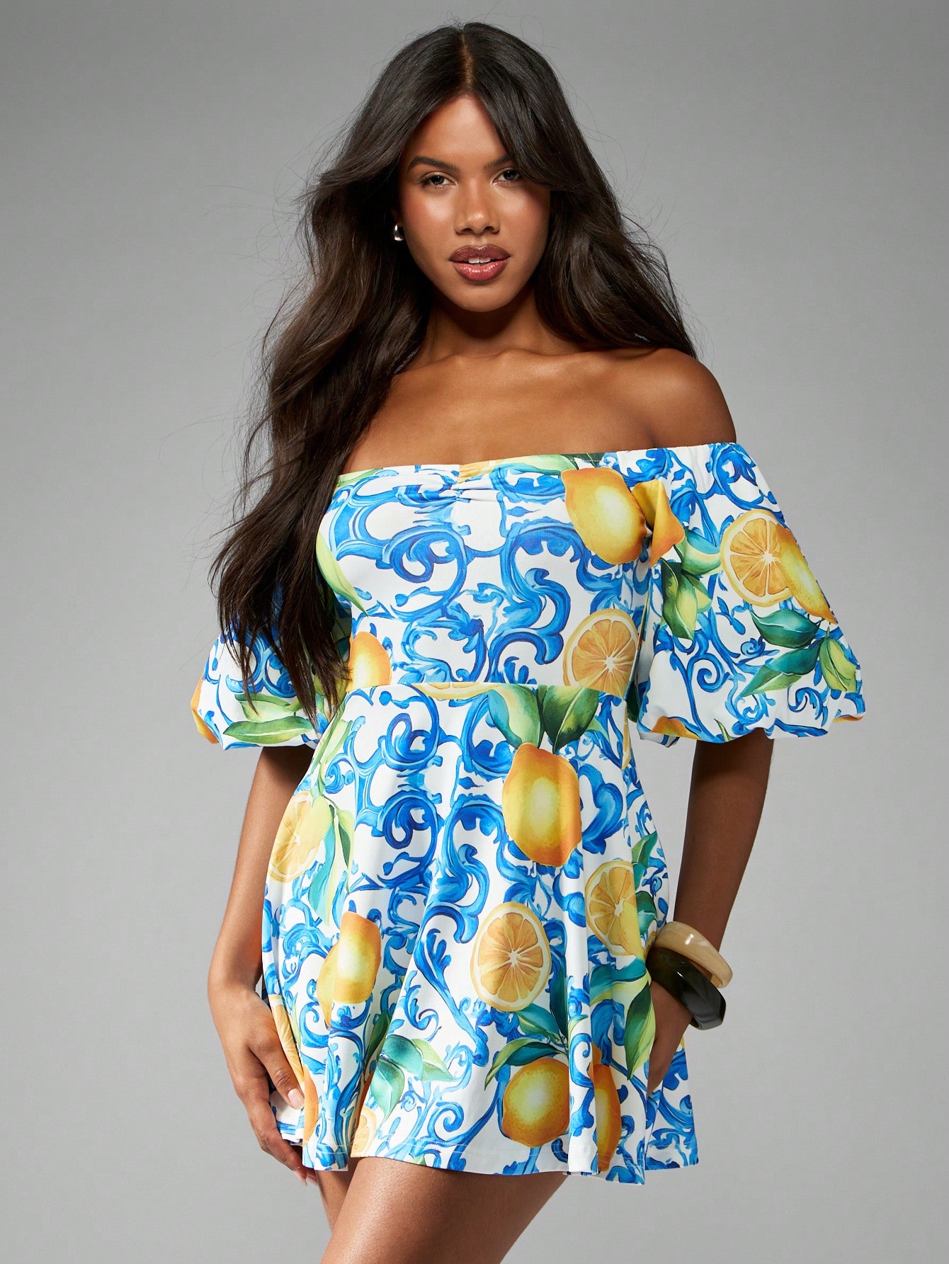Mini Dress Balloon Sleeve Off-Shoulder Mediterranean Lemon Print A-Line ...