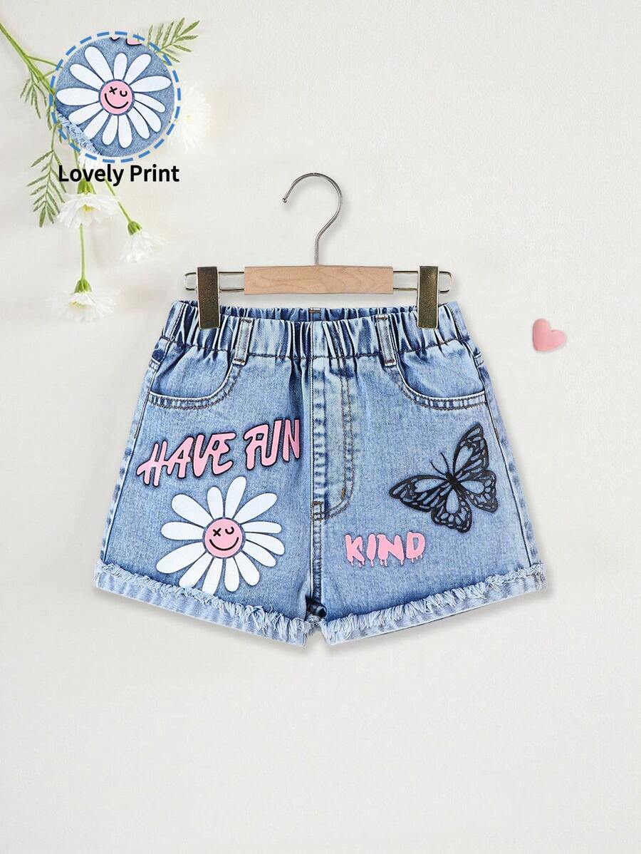 Tween Girls Casual Denim Shorts With Bow, Sunflower Print & English ...