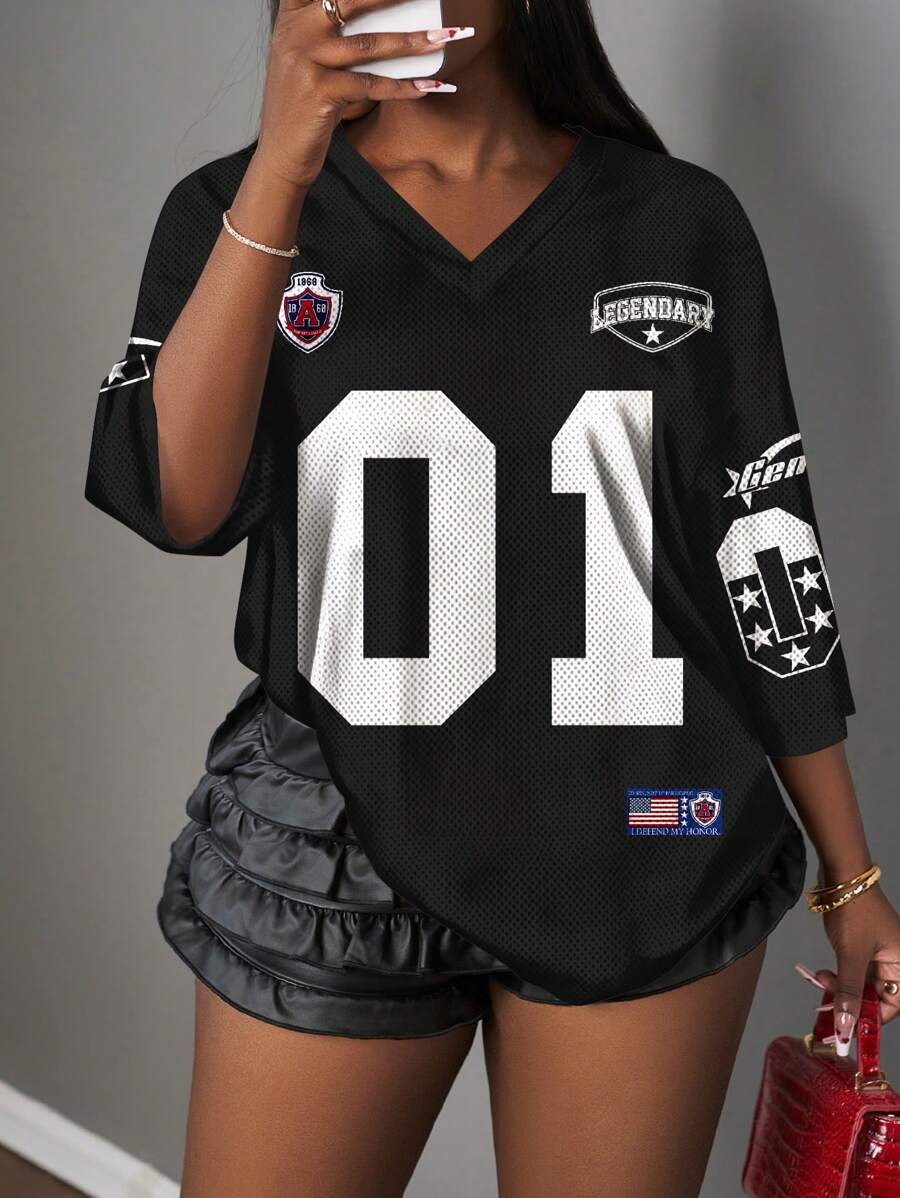 Slaydiva Casual Minimalist Letter & Digit "01" Pattern Women T-Shirt ...