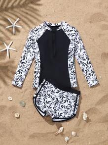 Tween Girl Plant Print Zipper Front Tankini Summer Beach | SHEIN USA