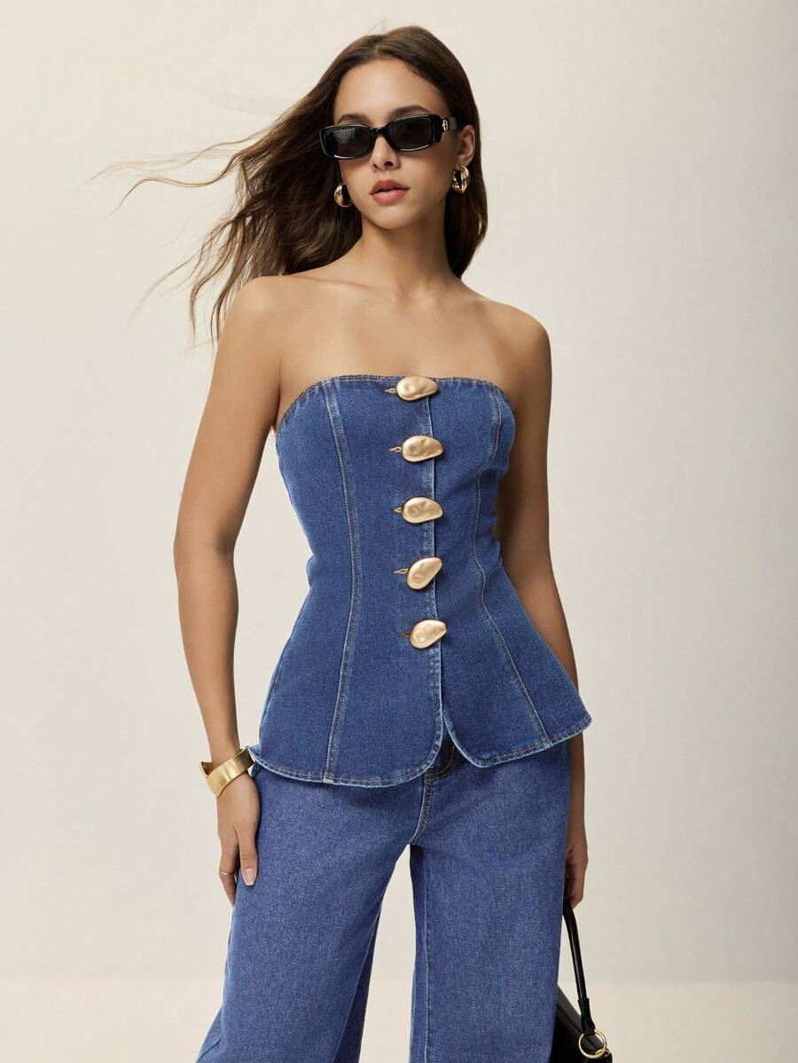 Poéselle Corset de mezclilla ajustado con una sola hilera de botones ...