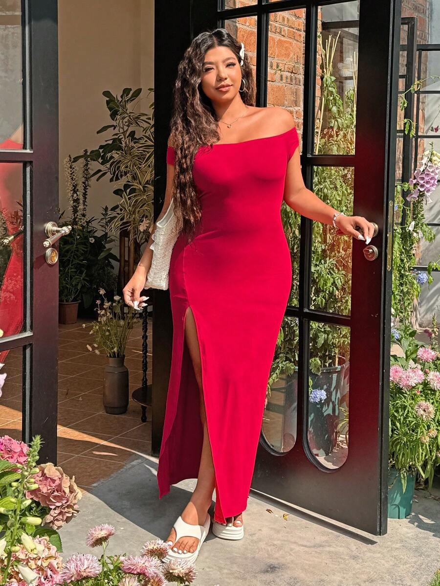 SHEIN EZwear Plus Size Off Shoulder Cut-Out High Slit Solid Color Dress ...