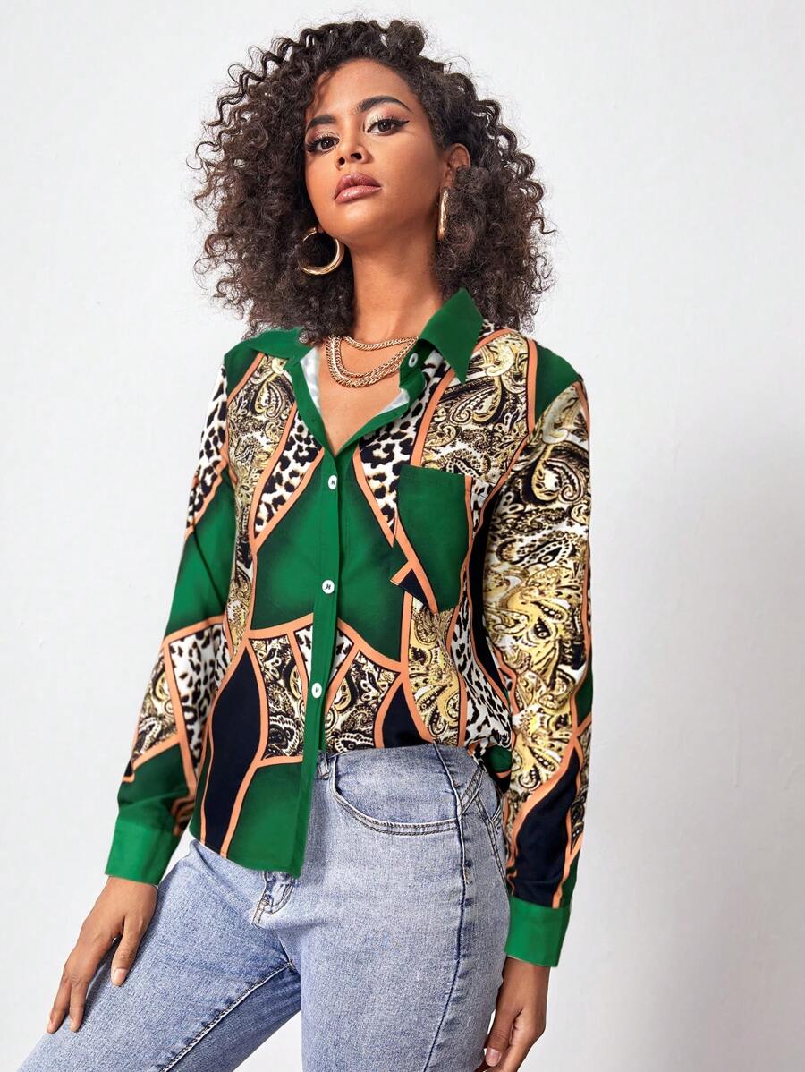 SHEIN LUNE Abstract Leopard Print Long Sleeve Shirt | SHEIN USA