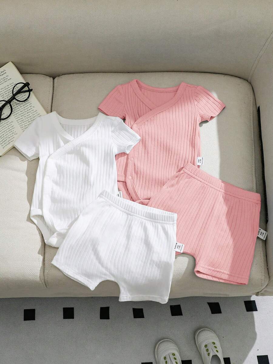 SHEIN 4pcs Newborn Baby Boy/Girl Casual Solid Color Knit Short Sleeve ...