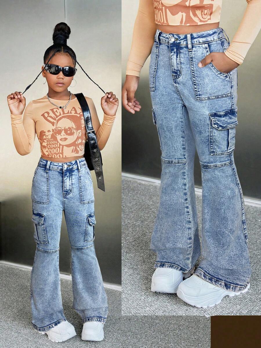 SHEIN Jeans cargo acampanados de mezclilla desgastada estilo punk Y2K ...