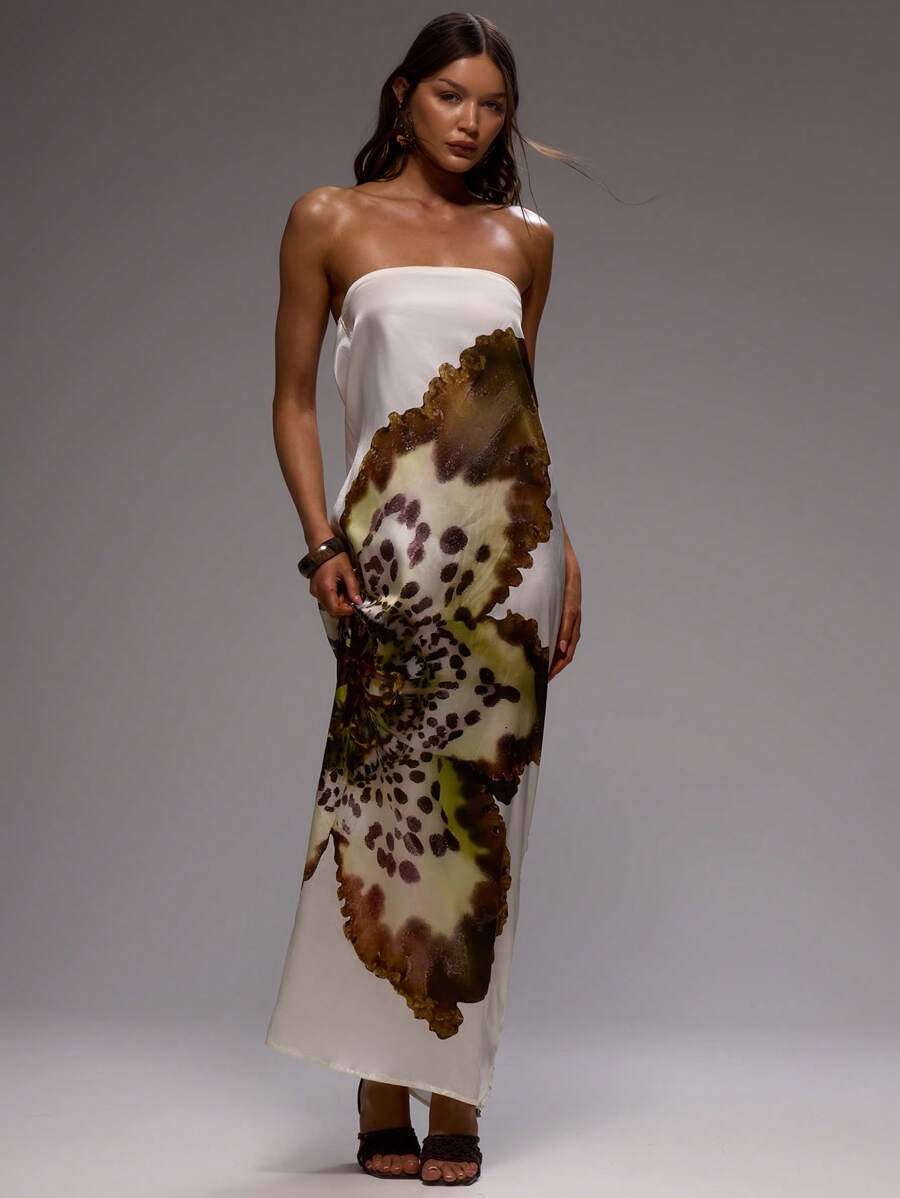 MUSERA Strapless Satin Butterfly Floral Print Straight Fit Bandeau Maxi Dress Spring Summer ...