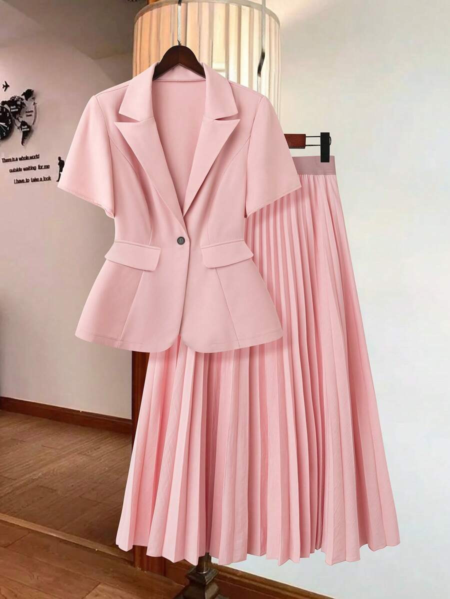 Celure Plus Size Elegant Work Commute Solid Color Short Sleeve Jacket & Pleated A-Line Skirt ...