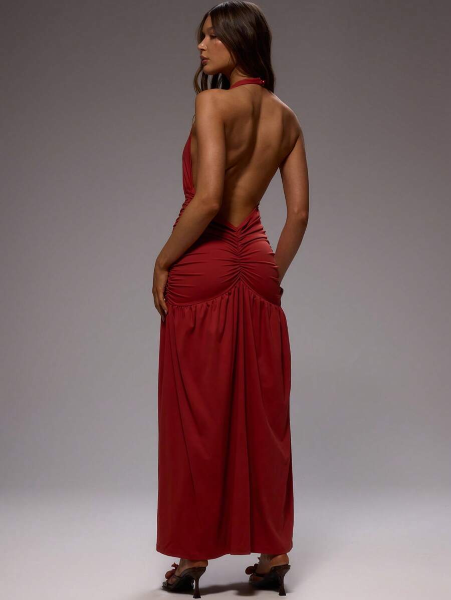 MUSERA Plunge V Neck Ruched Waist Slinky Split Leg Maxi Dress Spring ...