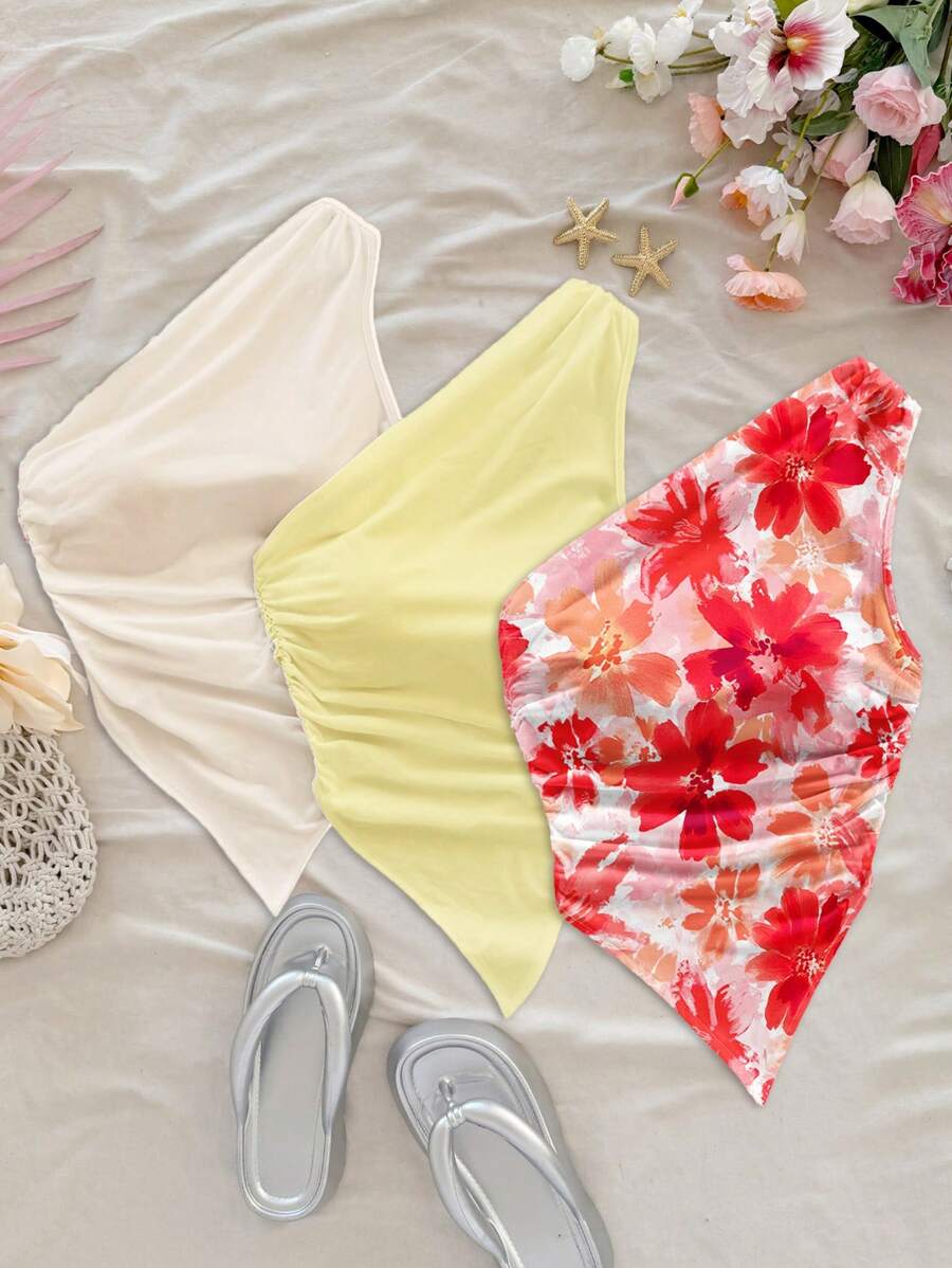 Soleia 3pcs Women Casual Vacation Ruched Asymmetric Hem Tight Fitting ...