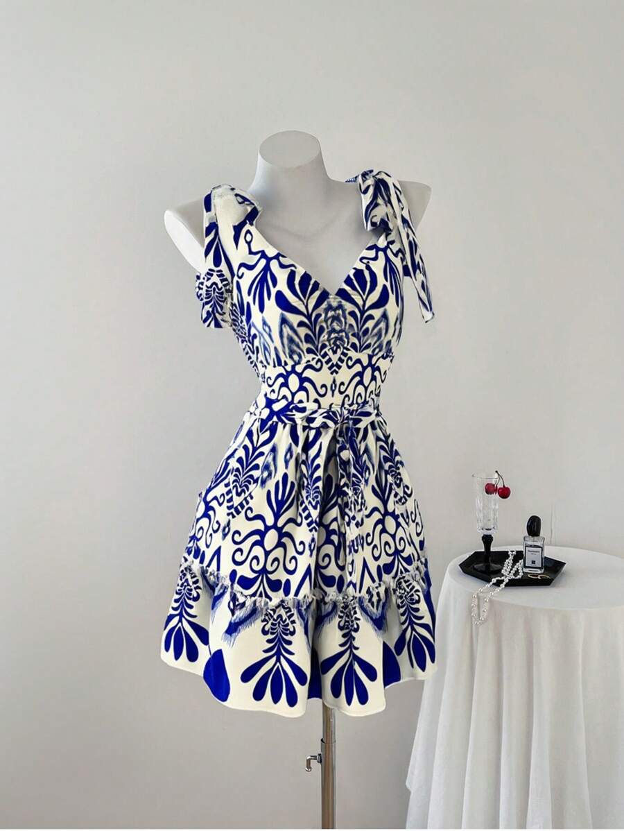 Flirla Women's Vacation Plant Printed Sleeveless Tie-Waist Dress, Beach ...