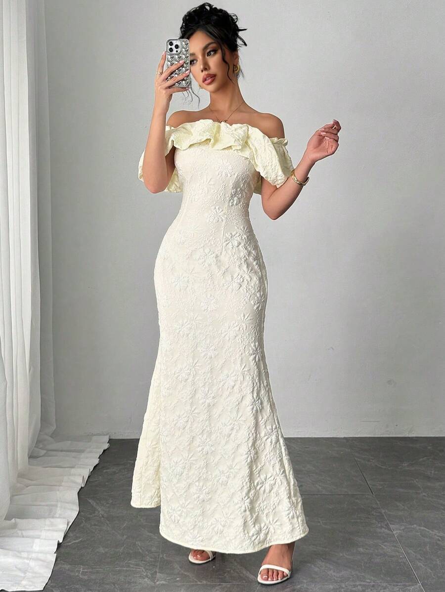 SHEIN PETITE Vestido largo con jacquard de rosas de hombros ...