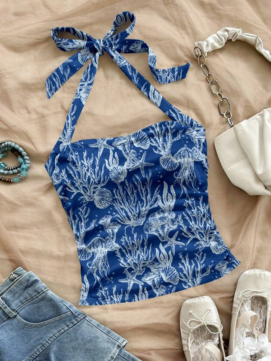 Soleia Women's Casual Vacation Marine Creature Print Shirred Halter ...