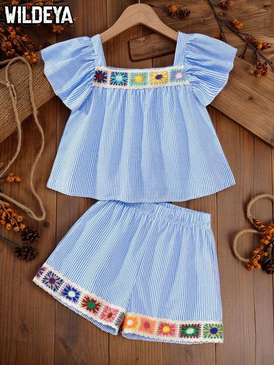 SHEIN Wildeya 2pcs/Set Tween Girls Handmade Crochet Trim Patchwork Blue ...