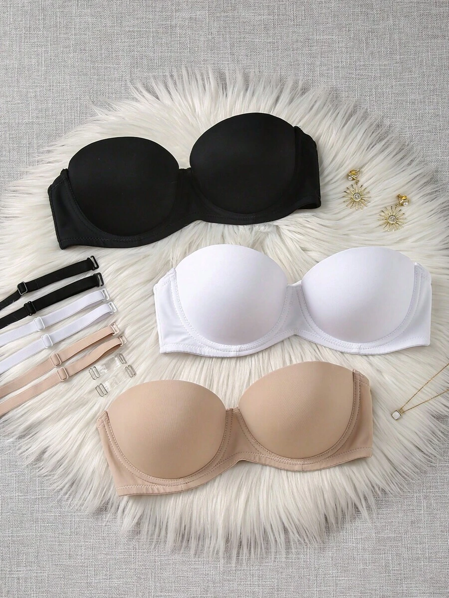 Shein Underwear&Sleepwear Basics 3pcs Women's Seamless Solid Color Unpadded Underwire Strapless ...