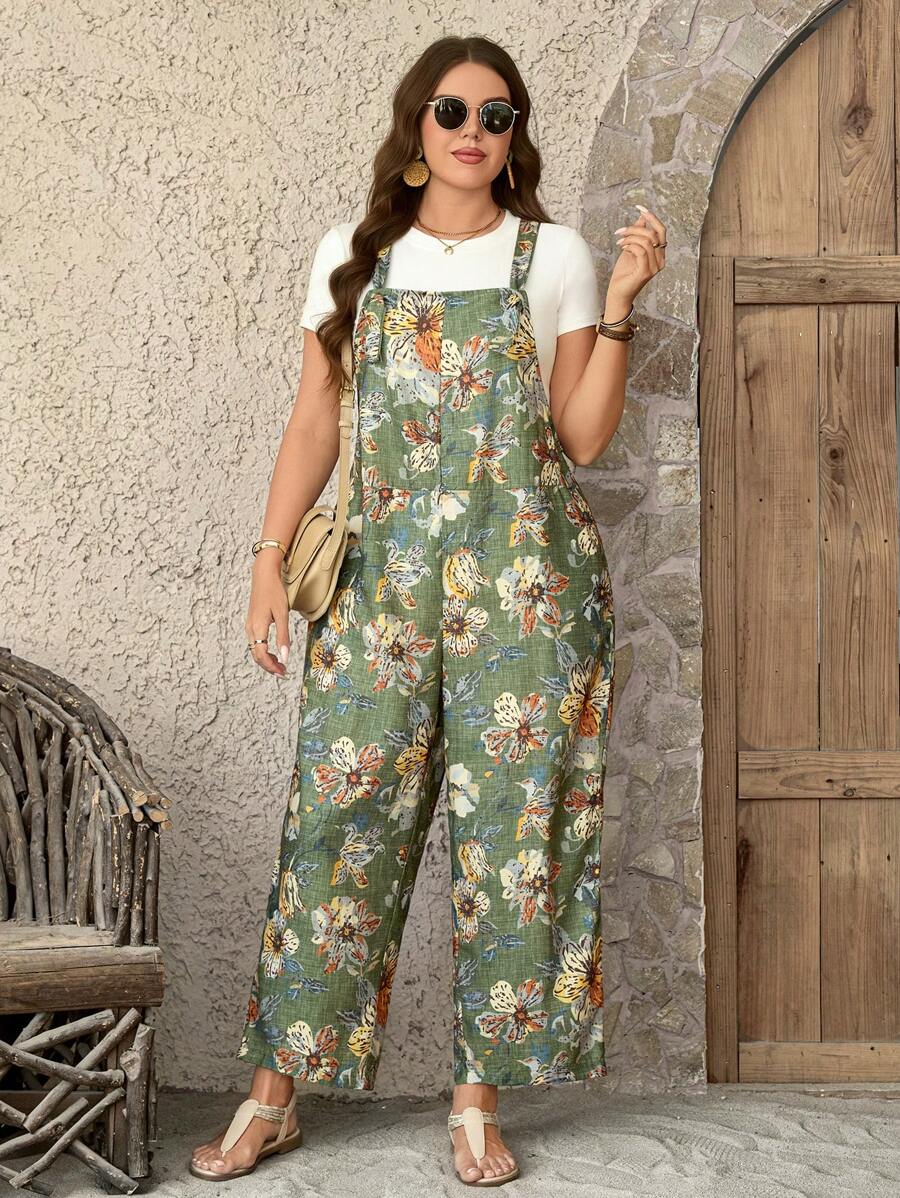 Luneh Plus Size Women's Floral Print Pocket Wide Leg Jumpsuit Overalls ...