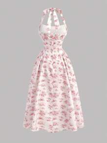 SHEIN Tween GirlRomantic Pink Floral Print Chest Ruffle Trimmed Dress ...