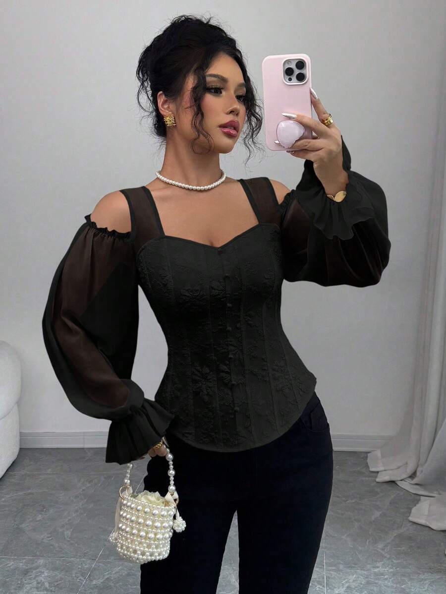 Elenzga Elegant Jacquard Patchwork Off Shoulder Ruffle Sleeve Blouse ...